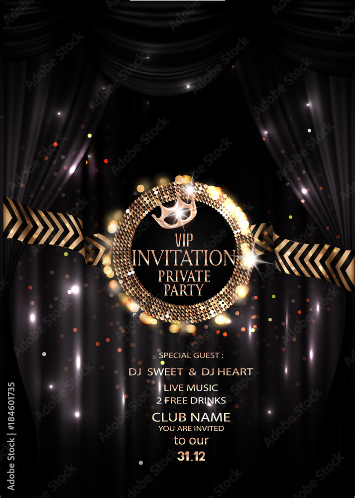 VIP invitation card with theater curtains and gold vintage design ...