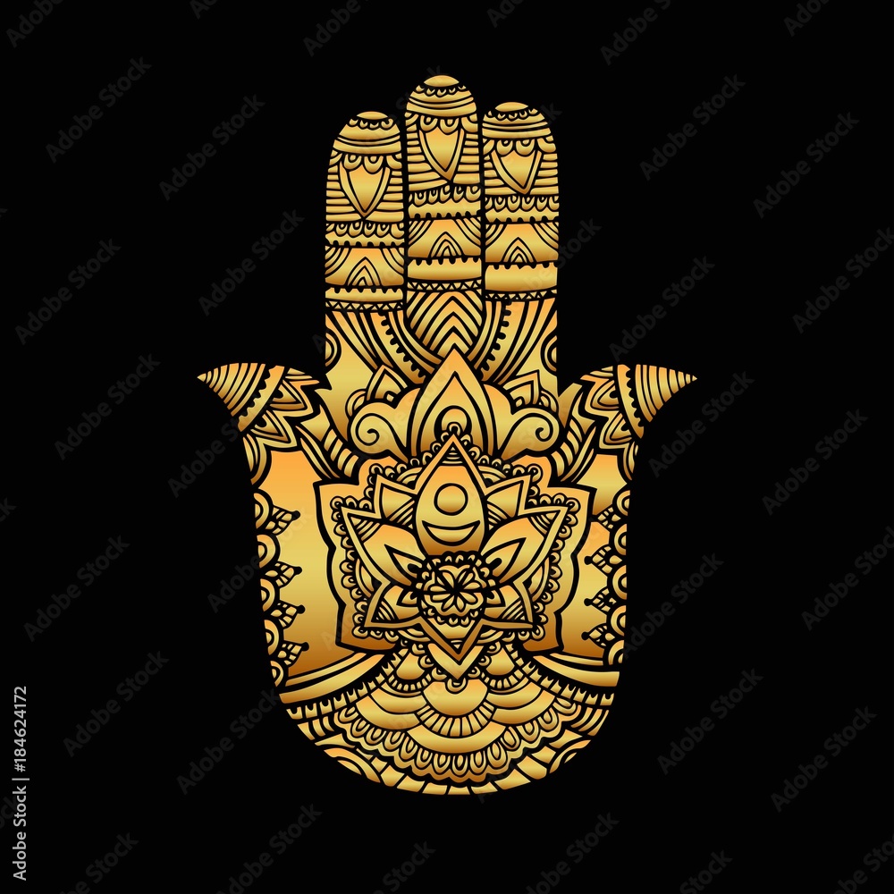 multicolored illustration of a hamsa hand symbol. Hand of Fatima ...