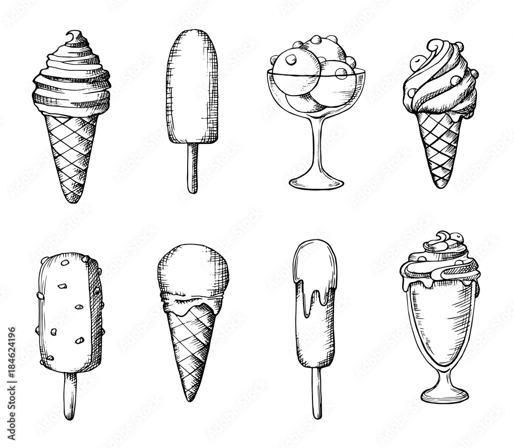 Vector hand drawn illustration of Ice cream cones set in vintage ...
