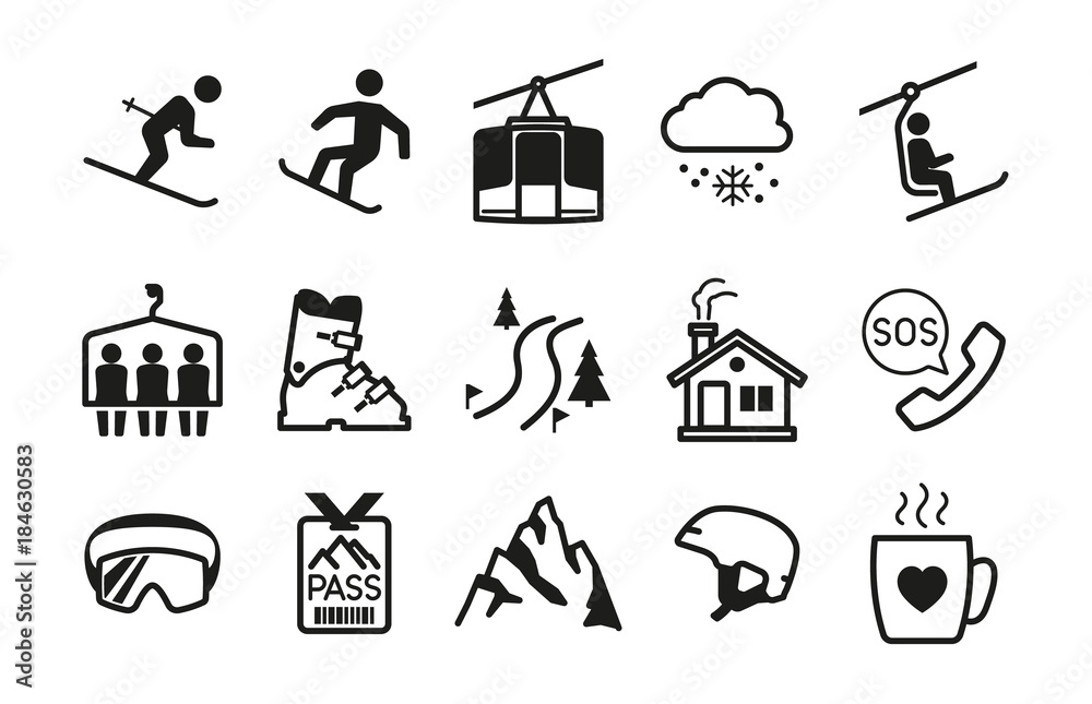 Ski resort icons black silhouettes Stock Vector | Adobe Stock