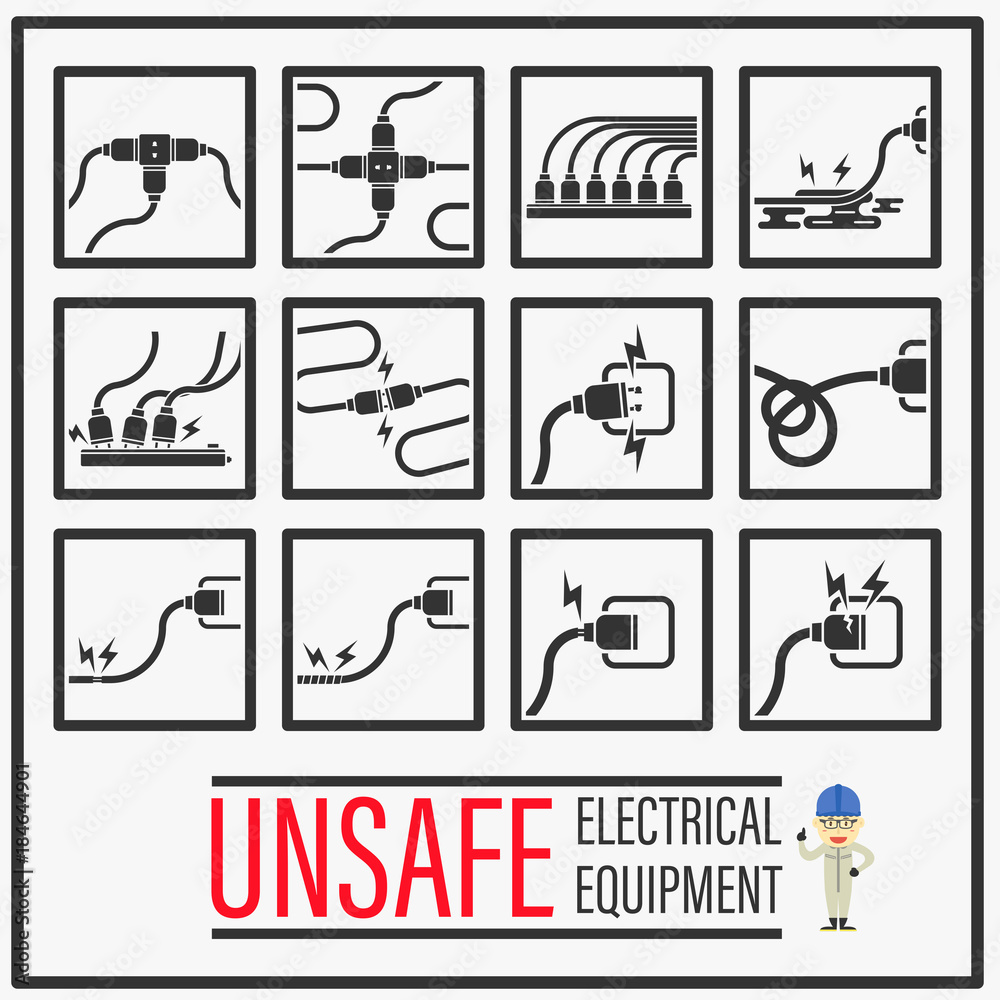 Set of signs and symbols of Unsafe electrical equipments, Unsafe ...