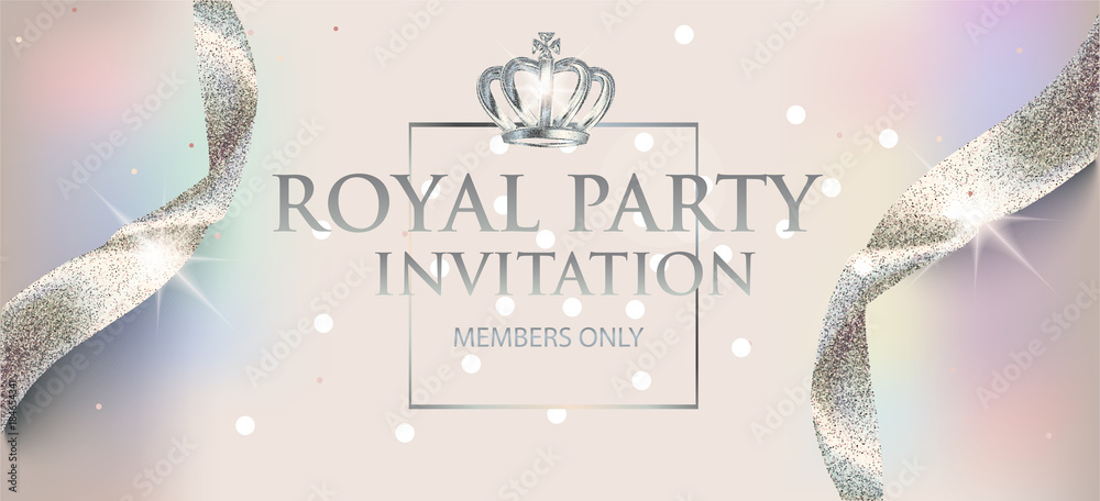 Elegant invitation pearl card with sparkling ribbons and crown. Vector ...