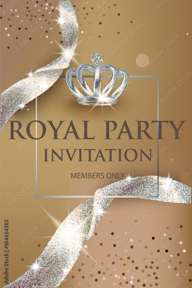 Elegant invitation gold card with sparkling ribbons and crown. Vector ...