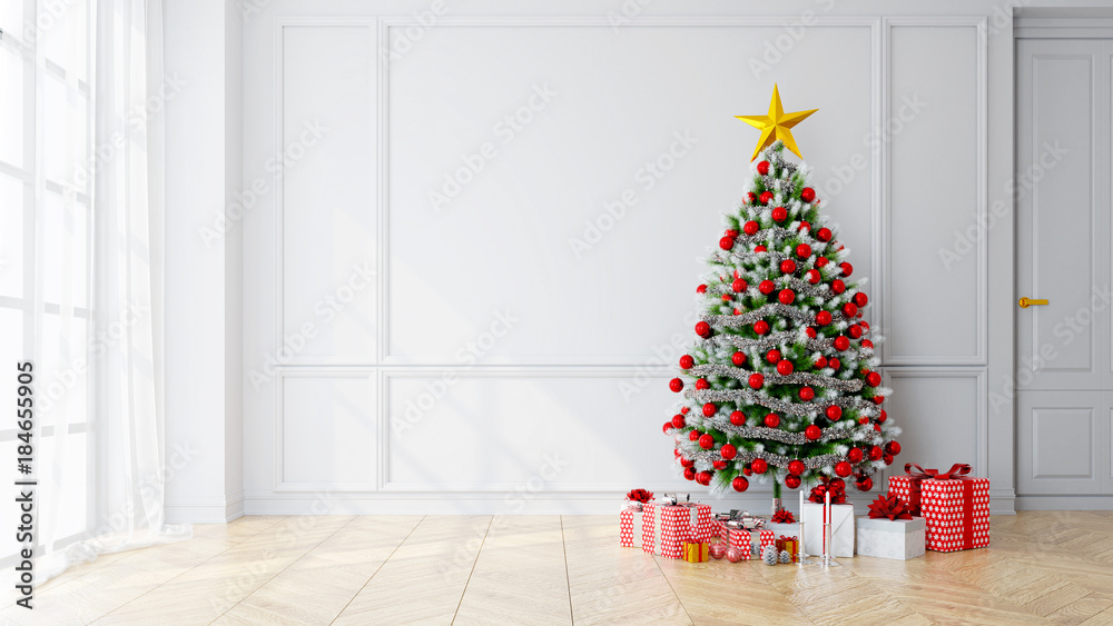Christmas tree decorate on Modern living room ,empty room,white wall ...