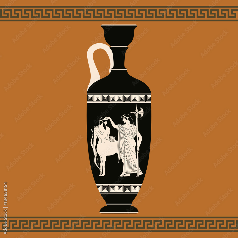 Vector vintage Greek vase with national ornaments and mythological plot ...