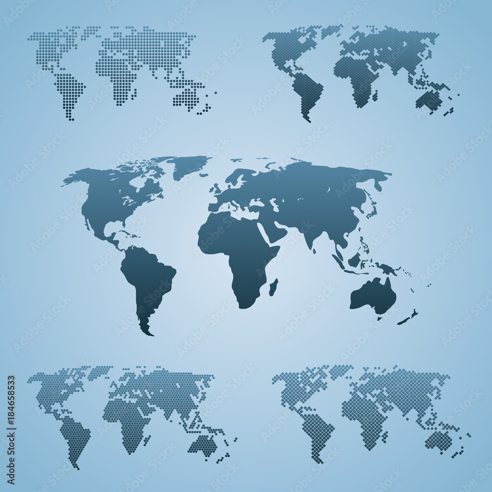 Five stylized world maps isolated. World map globe template, web design ...