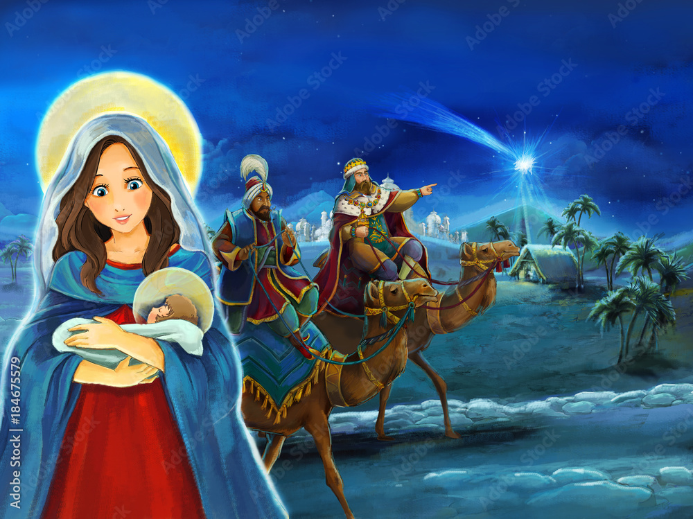 Cartoon scene with Mary and Jesus Christ and traveling kings ...
