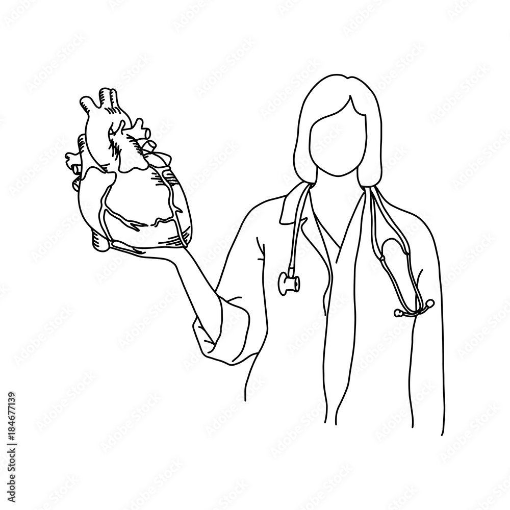 female doctor with stethoscope on her neck holding a human heart vector ...