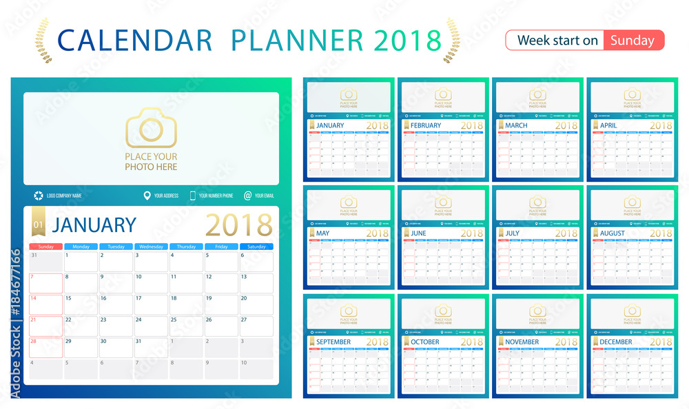 English calendar planner for year 2018, week start Sunday. Set of 12 ...