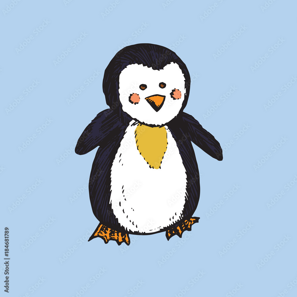 Penguin, hand drawn doodle sketch, isolated vector color illustration ...