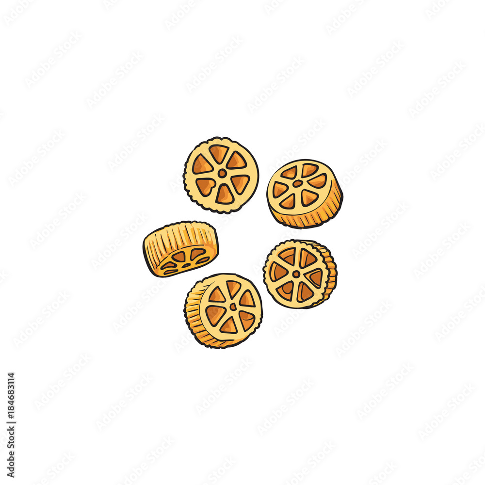 Raw, uncooked wagon wheel shaped Italian pasta, Rotelle, sketch style ...