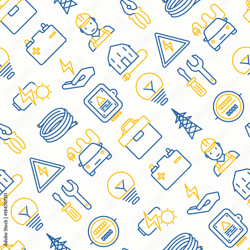 Electricity seamless pattern with thin line icons: electrician, bulb ...