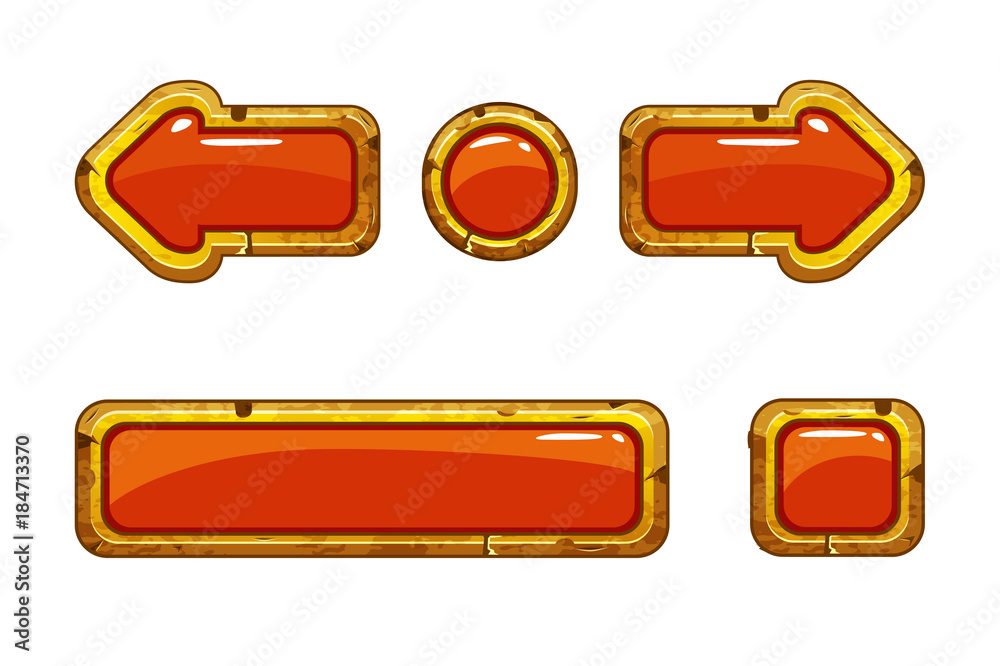Vector Cartoon gold old red buttons for game or web design, gui ...