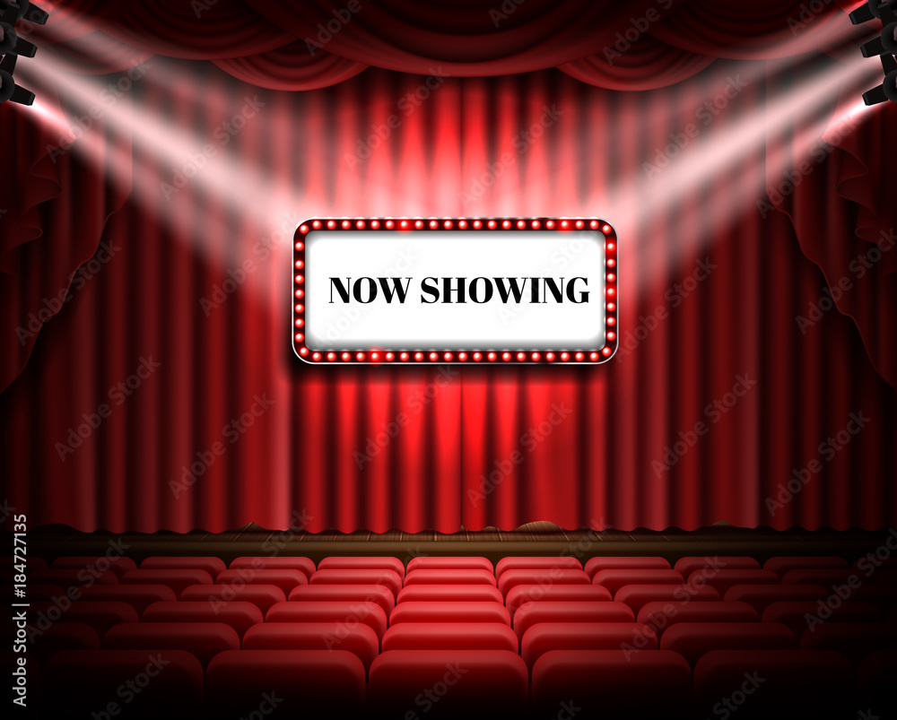 Red curtain and empty illuminated theatrical stage with white luminous ...