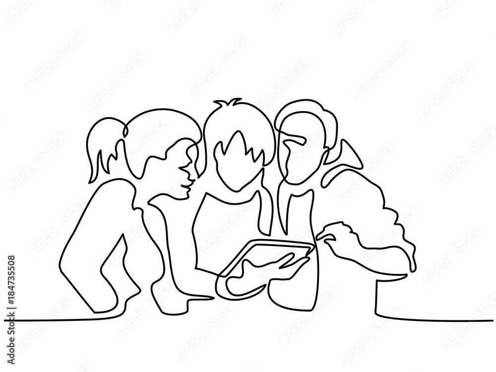Continuous line drawing. Happy friends browsing electronic tablet ...