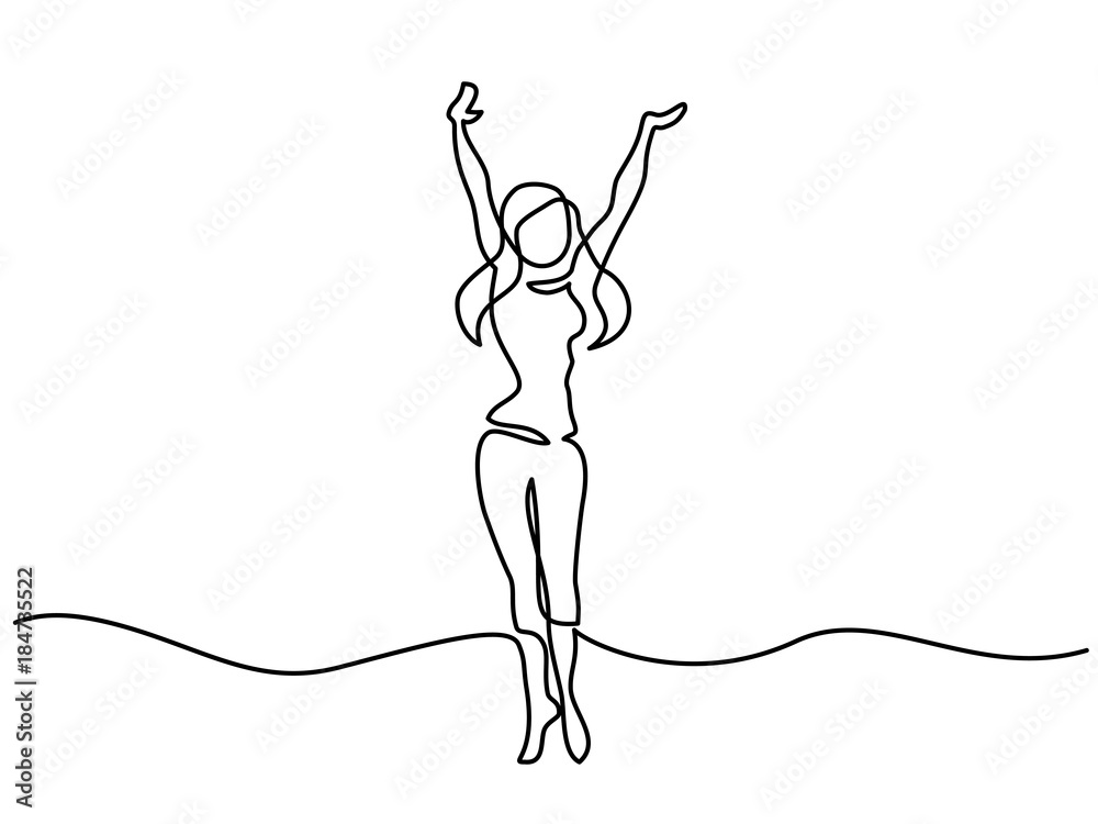 Continuous Line Drawing Happy Woman Dance Vector Illustration Stock