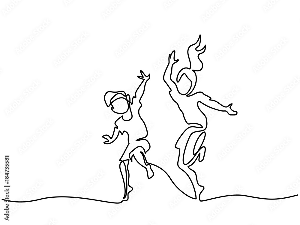 Happy jumping and dancing children. Continuous line drawing. Vector ...