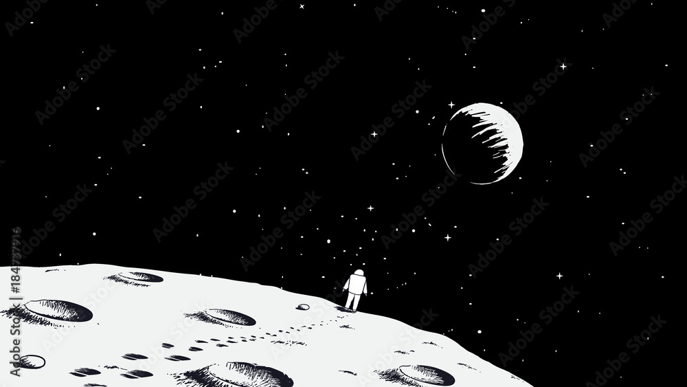Astronaut walking on Moon.Earth is visible far away.Drawing style.Space ...