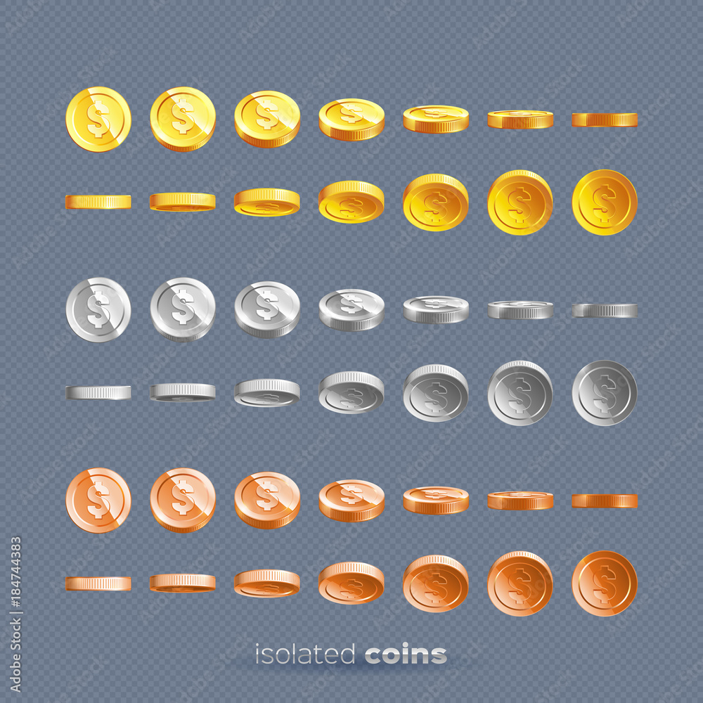 Gold, silver, bronze coins set isolated on transparent in different ...
