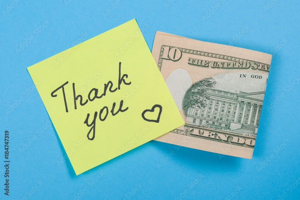 Sticker with word thank you, and cash money. Blue background Stock ...