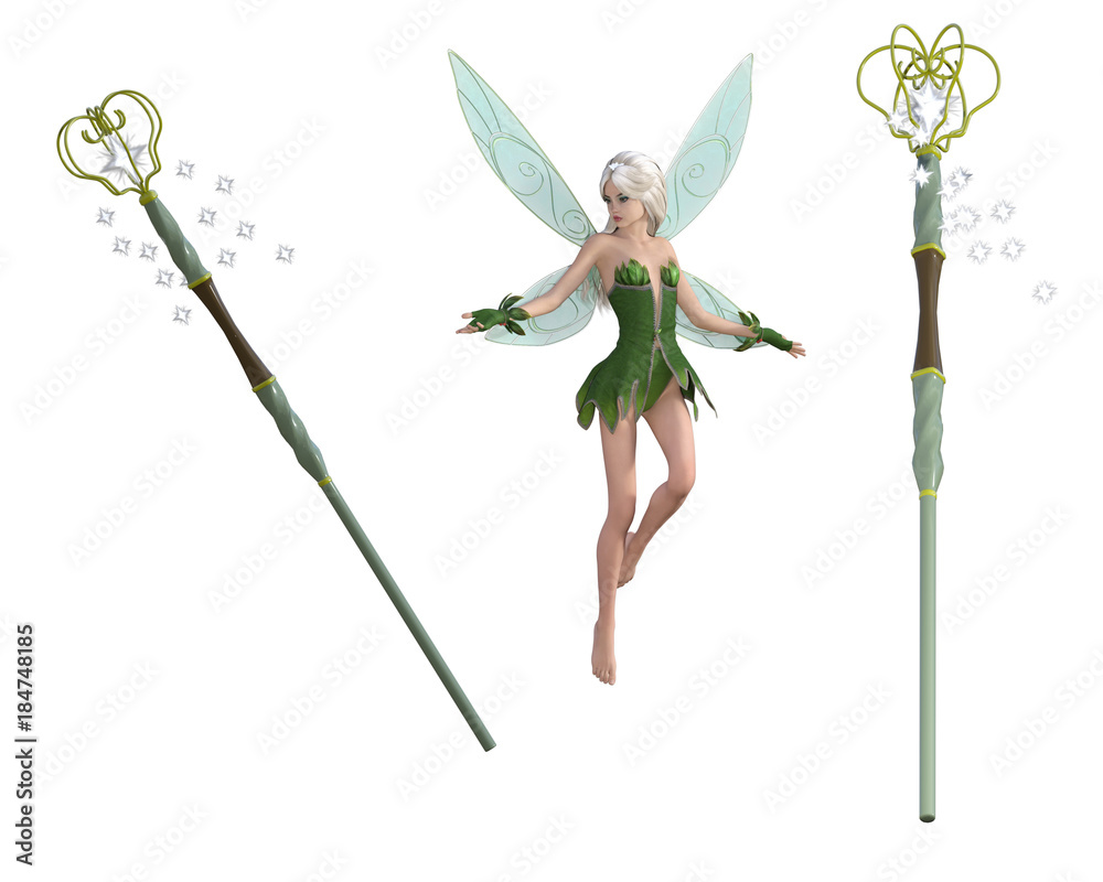 Beautiful fairy and fairy staffs isolated on white. 3d render Stock ...