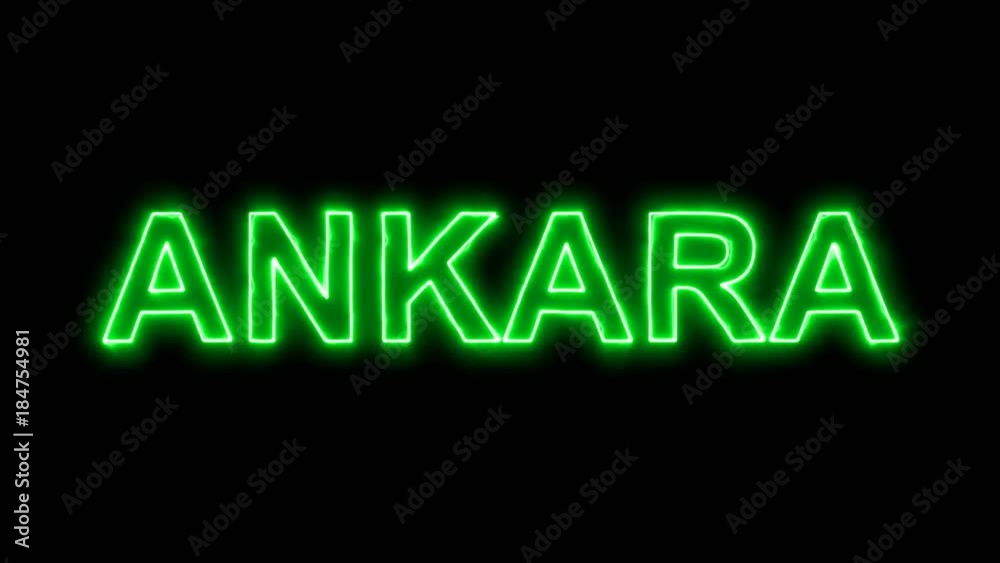 Neon flickering green capital name ANKARA in the haze. Alpha channel ...