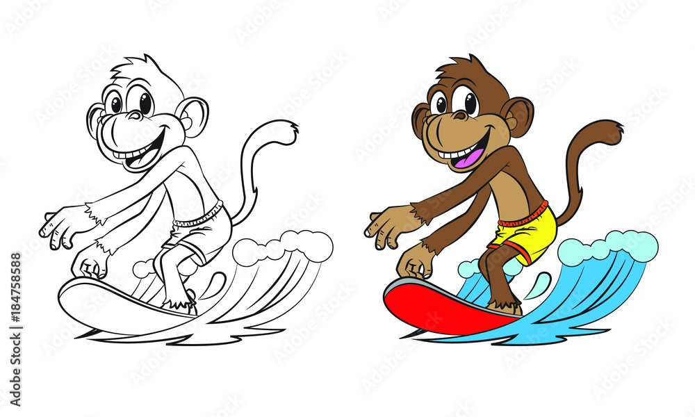 cartoon monkey surfing. Both in separate layers for easy editing and ...