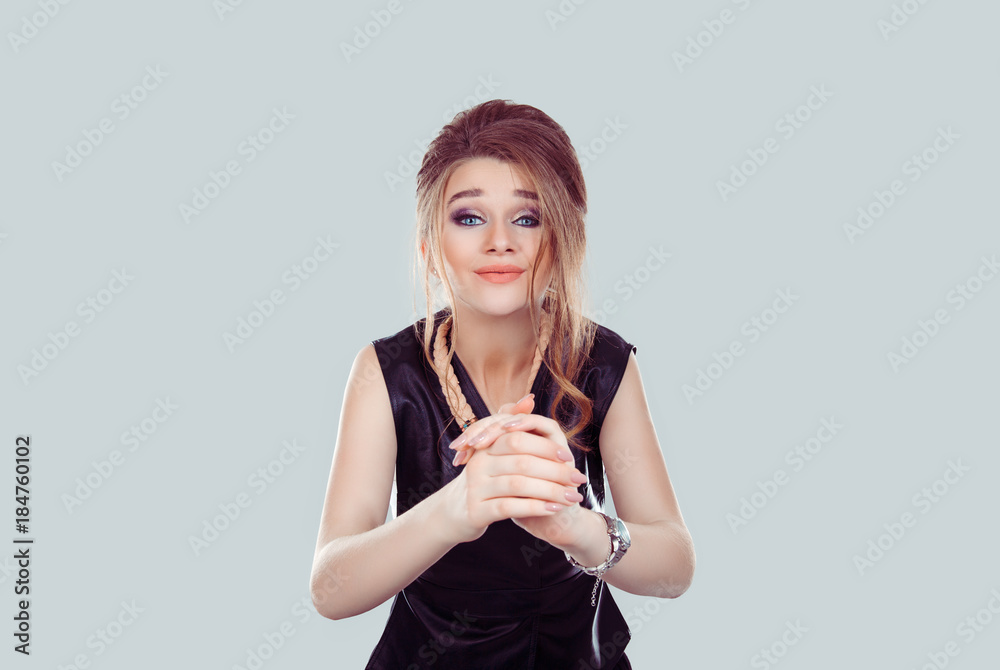 Thank you. Closeup portrait young woman gesturing with clasped hands ...