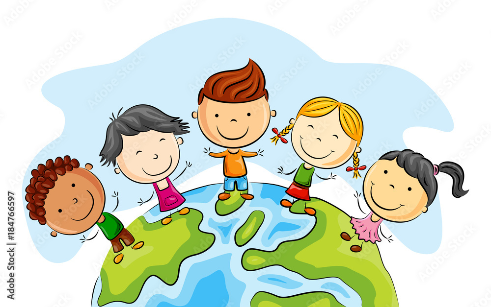 Happy kid cartoon standing around the world Stock Vector | Adobe Stock
