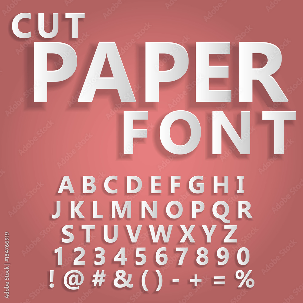 Floating cut paper letters,numbers and symbols of the alphabet on a ...