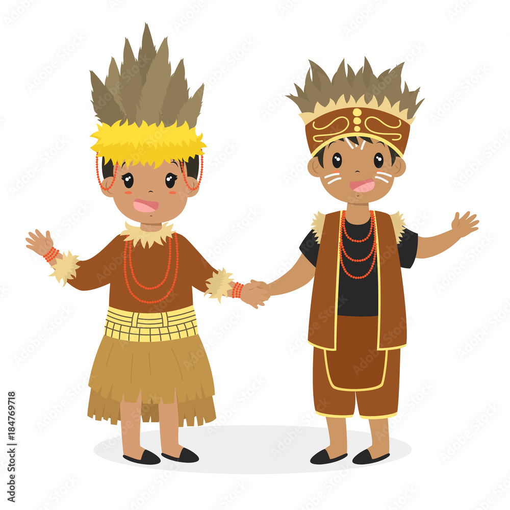 Happy boy and girl wearing West Papua traditional dress and holding ...