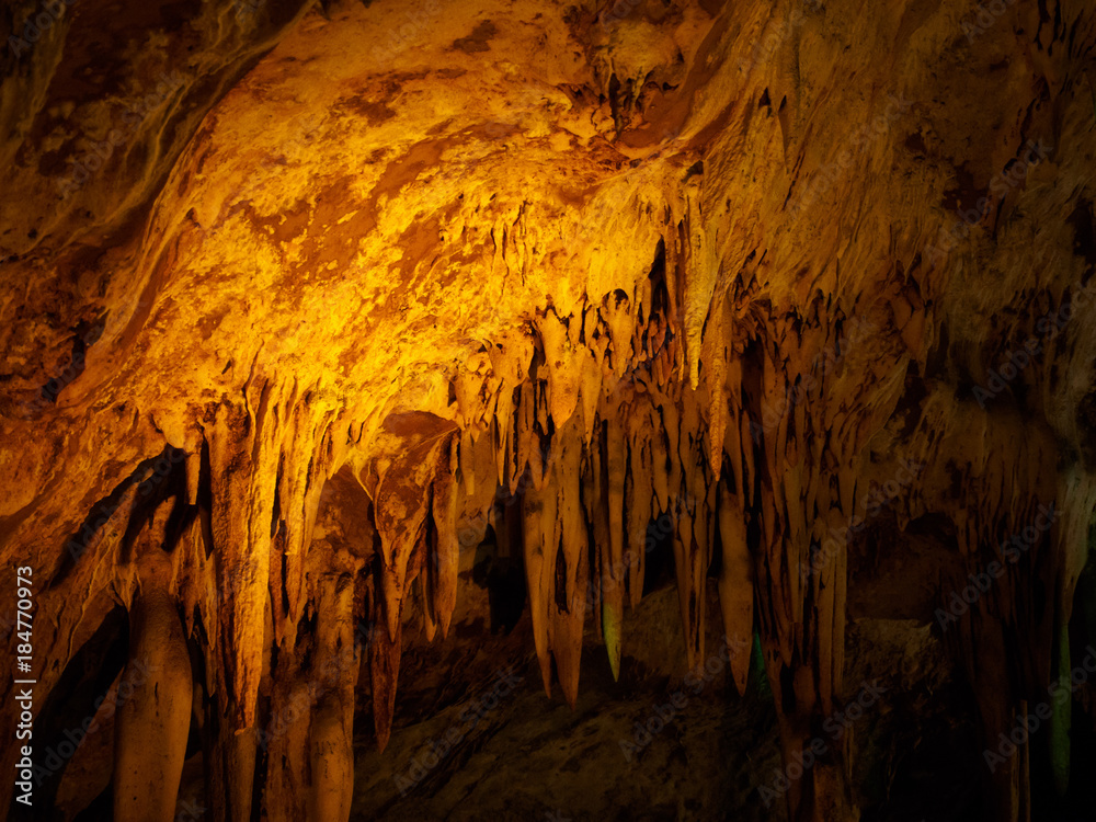 Wide angle top view of multiple small stalactites on the ceiling of a ...