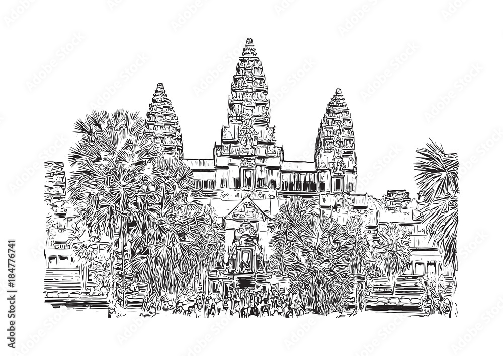 Angkor Wat Temple, Cambodia. Hand drawn sketch illustration in vector ...