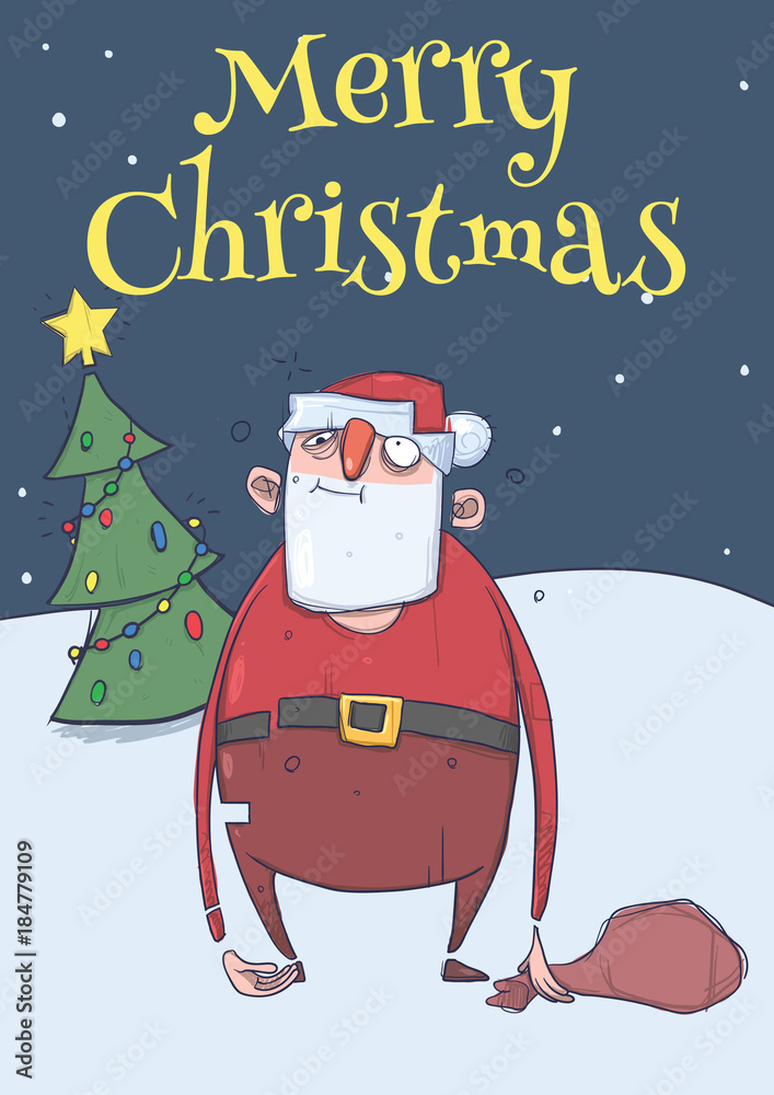Christmas card of funny Santa Claus with a bag standing next to ...