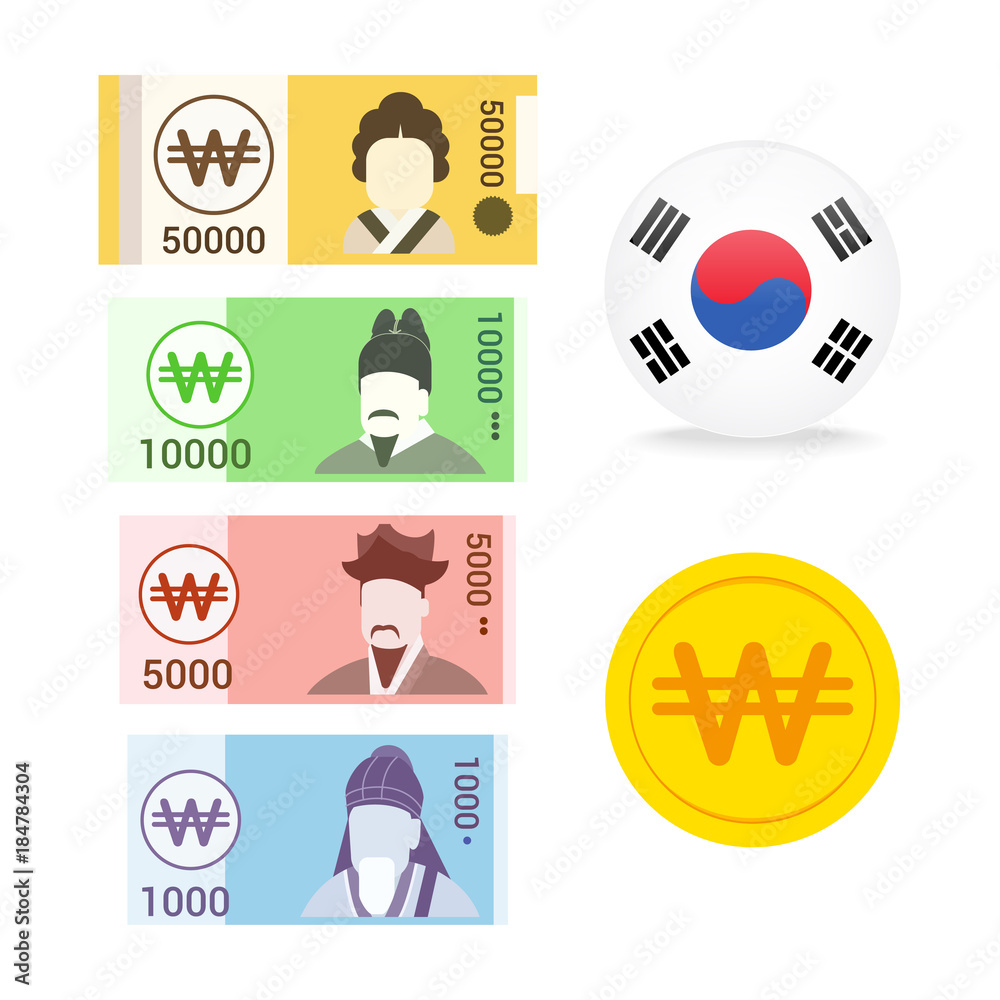 Set Of South Korean Won KRW Currency Banknotes Isolated On White