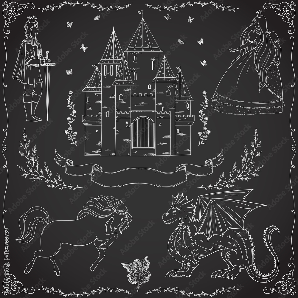 Fairy tale theme. Prince, princess, castle, dragon, fairy, horse ...