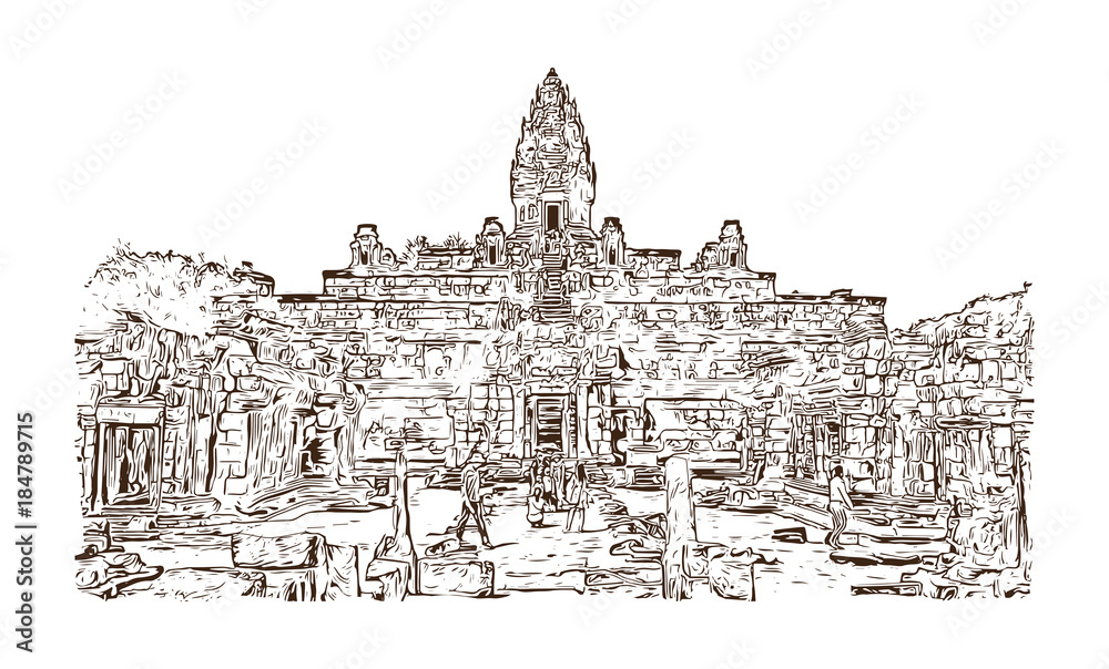 Angkor Wat Temple, Cambodia. Hand drawn sketch illustration in vector ...