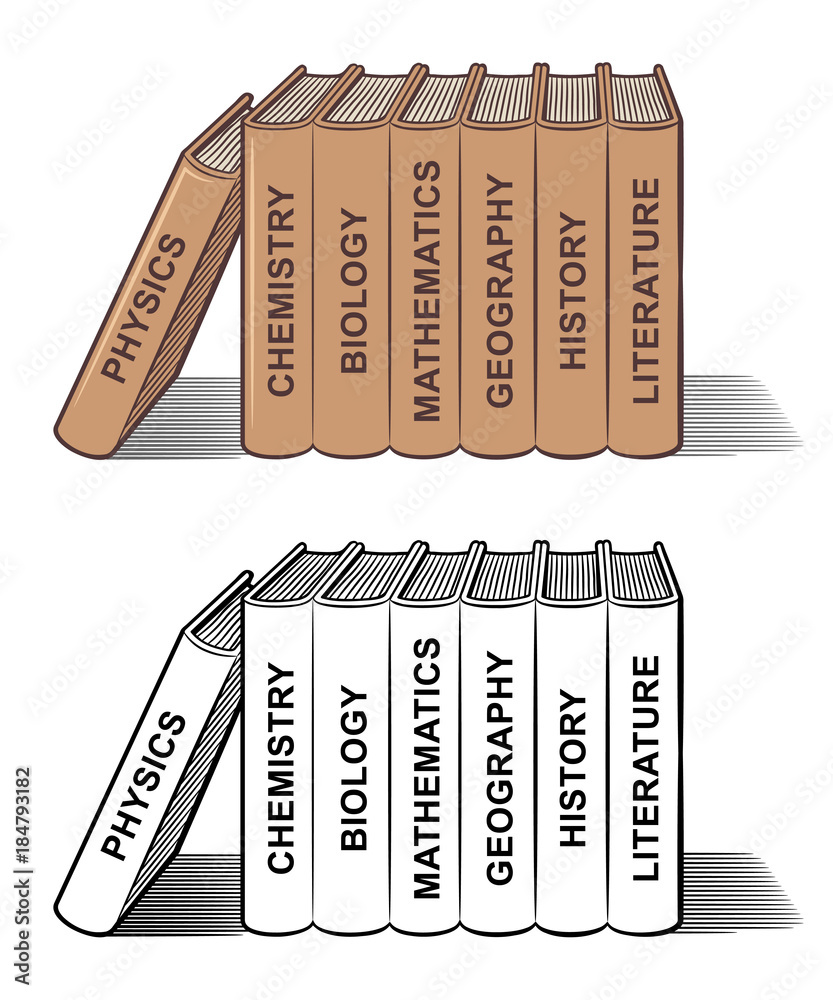 Stack of textbooks. Physics, chemistry, biology, mathematics, geography ...