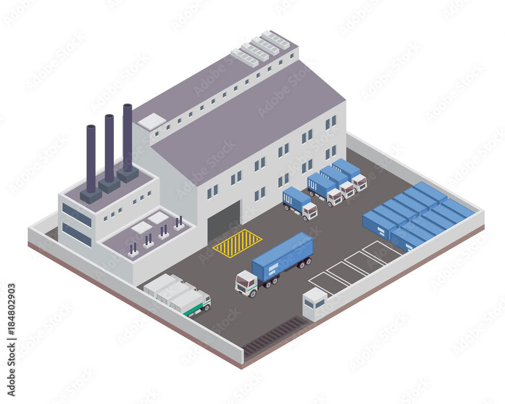 Modern Isometric Industrial Factory and Warehouse Logistic Building ...