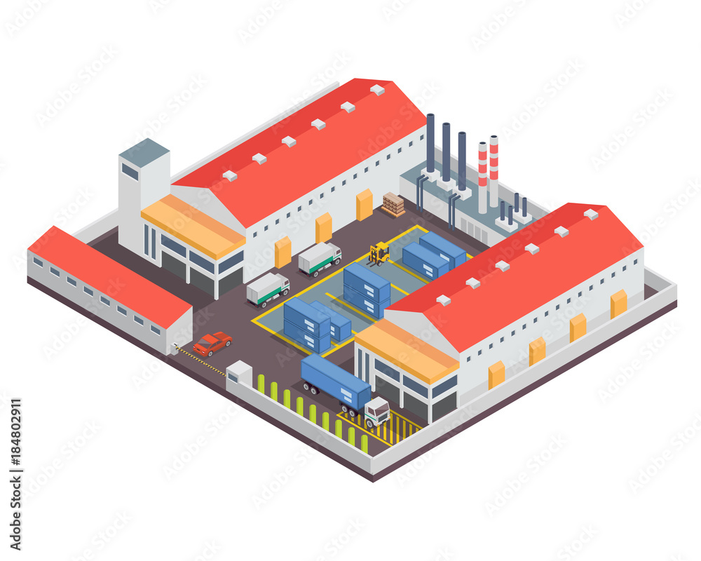 Modern Isometric Industrial Factory and Warehouse Logistic Building ...