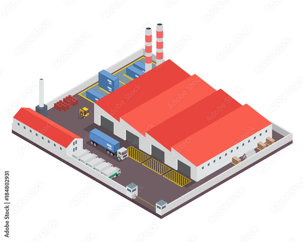 Modern Isometric Industrial Factory and Warehouse Logistic Building ...