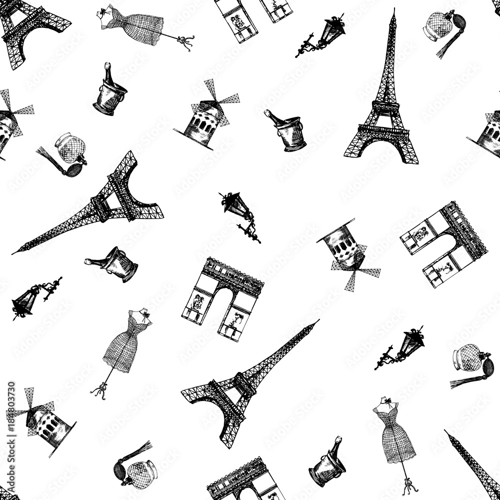 Hand drawn sketch style seamless pattern of France themed objects ...