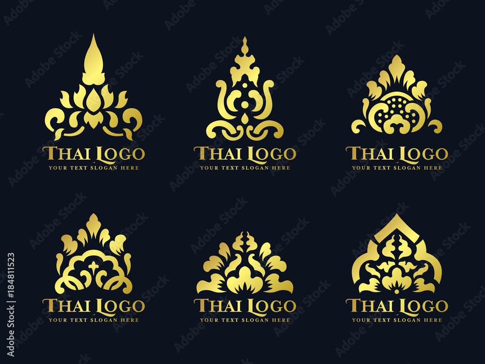 Gold thai art traditional lotus flower logo vector set design Stock ...