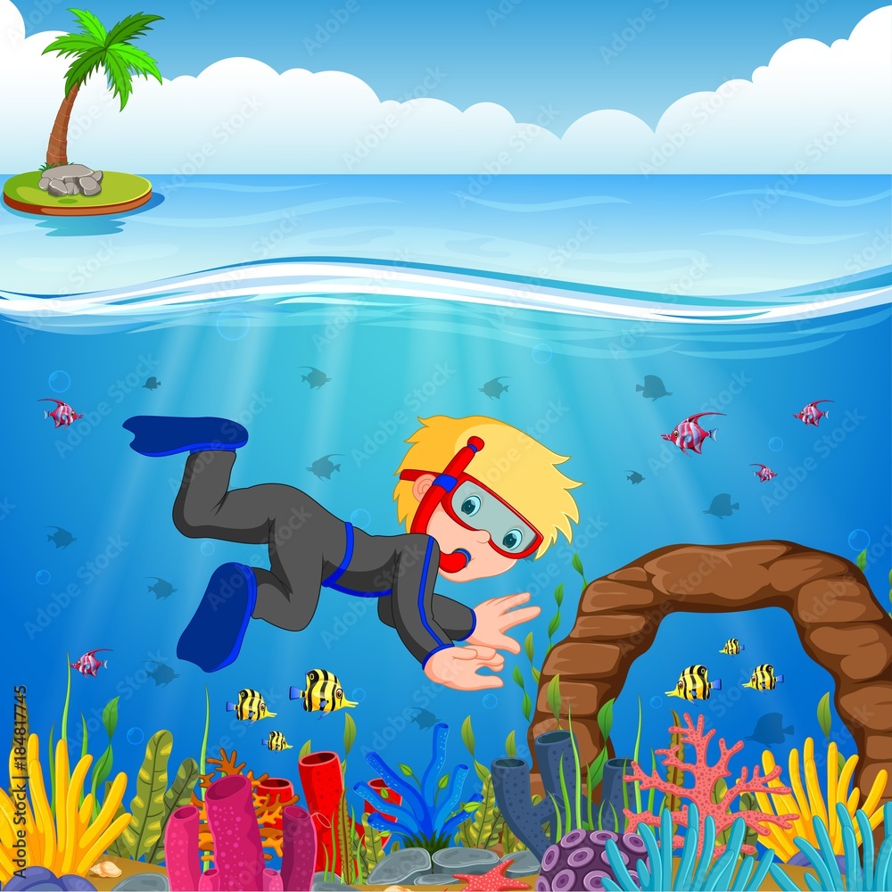 Cartoon boy diving in the sea Stock Vector | Adobe Stock