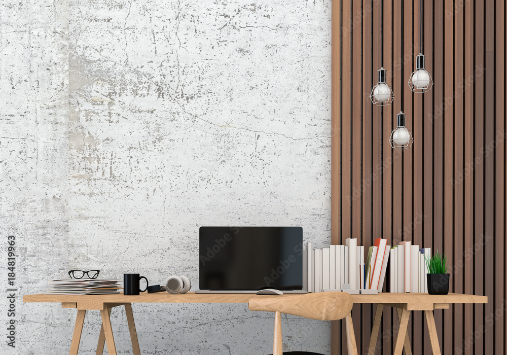 interior design for working area with Desktop computer screen on white ...