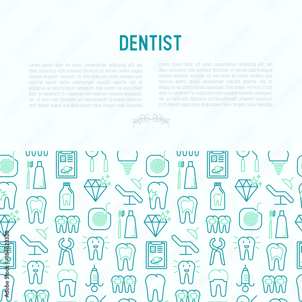 Dentist concept with thin line icons of tooth, implant, dental floss ...