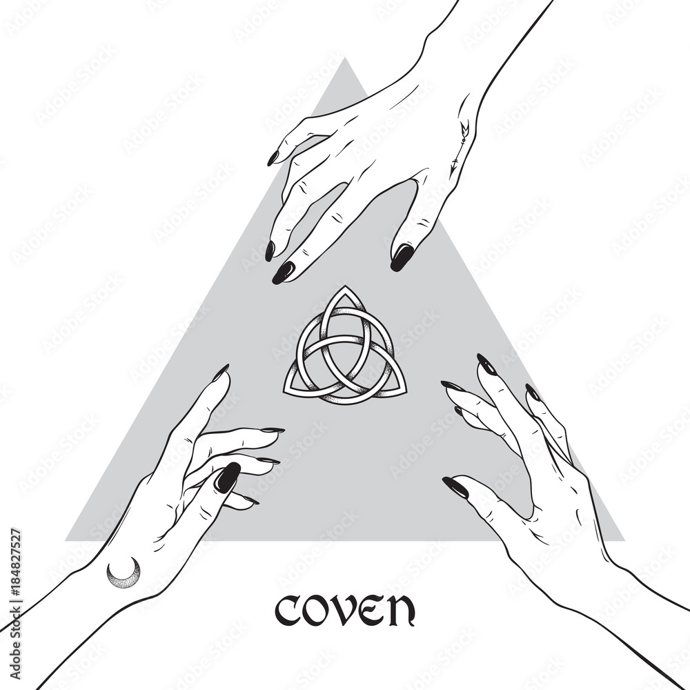 Hands of three witches reaching out to the pagan symbol triquetra ...