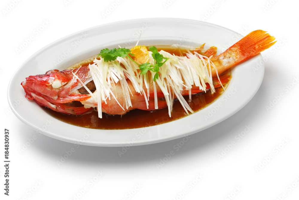 chinese steamed red grouper with ginger, scallions and soy sauce Stock ...