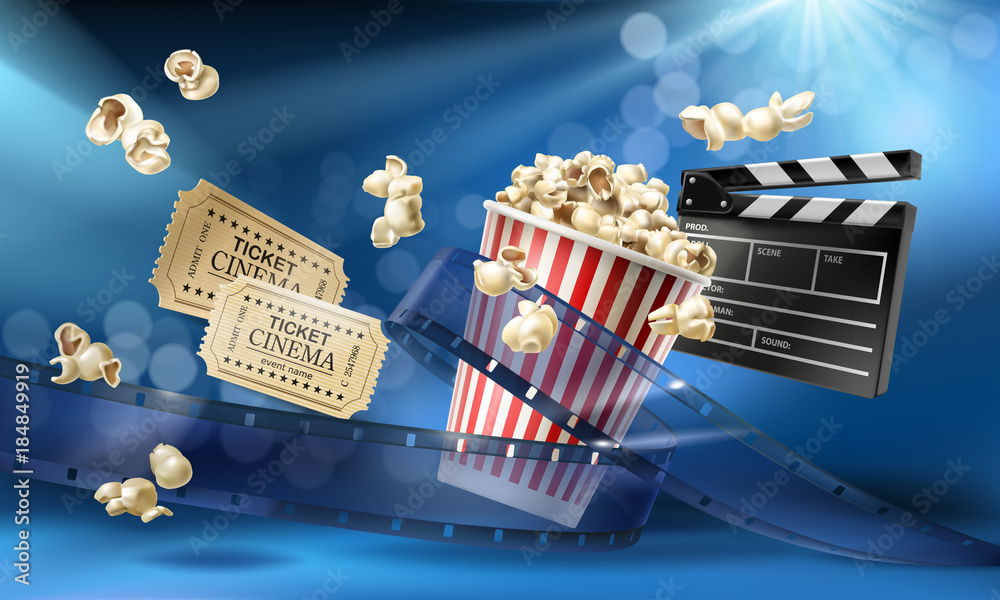 Cinema blue background with 3d realistic objects popcorn, tape, tickets ...