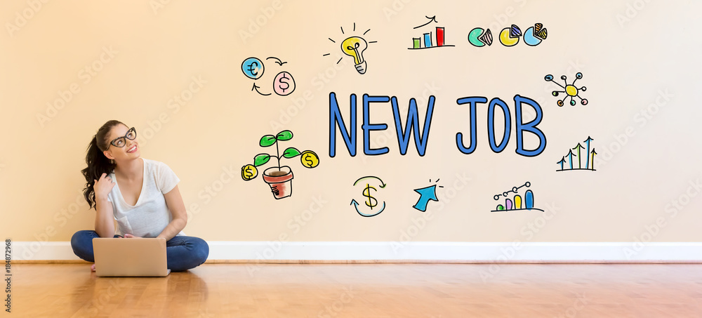 New Job text with young woman using a laptop computer on floor Stock ...